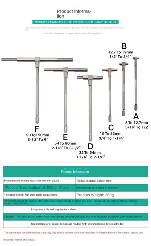 0-6" / 0-150mm 6pc Telescoping Gauge Set Bore Cylinder Measuring Tool